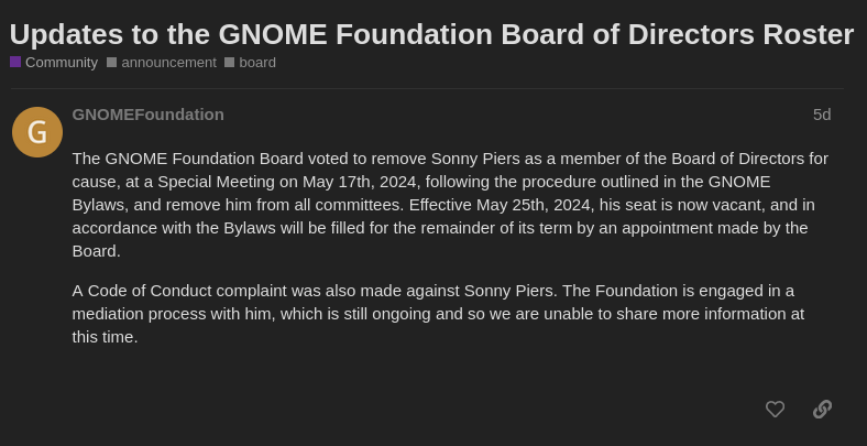 GNOME Foundation: Sonny Piers removed from Board of Directors | Kiwi Farms